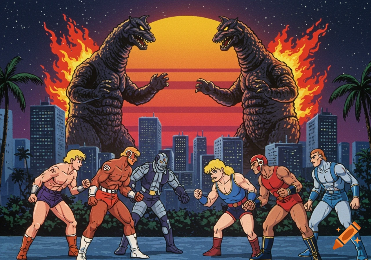 Two giant kaiju monsters face off over a city with two teams of cyborg ...