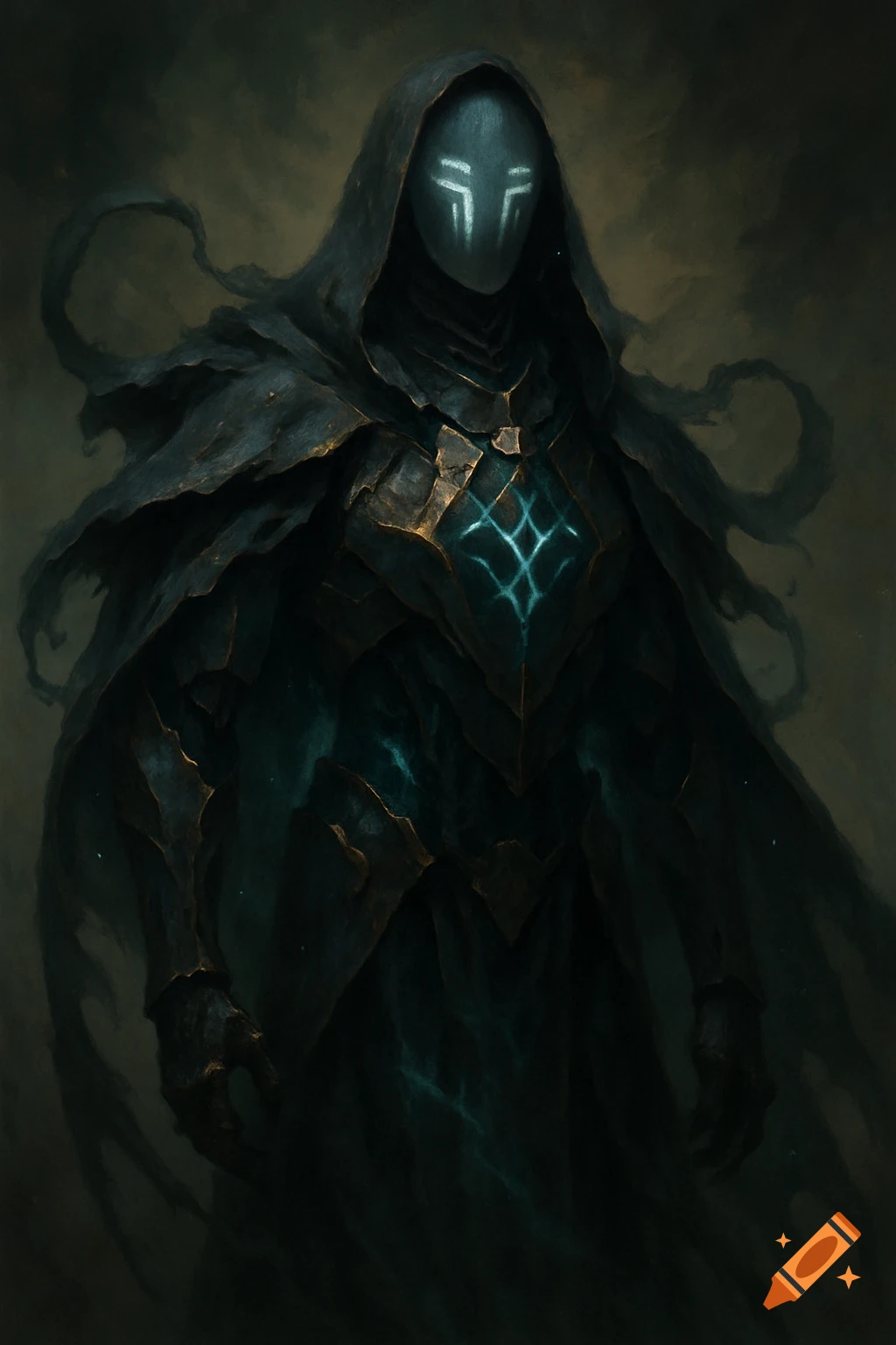 A dark, cloaked fantasy figure with a glowing mask and glowing blue ...