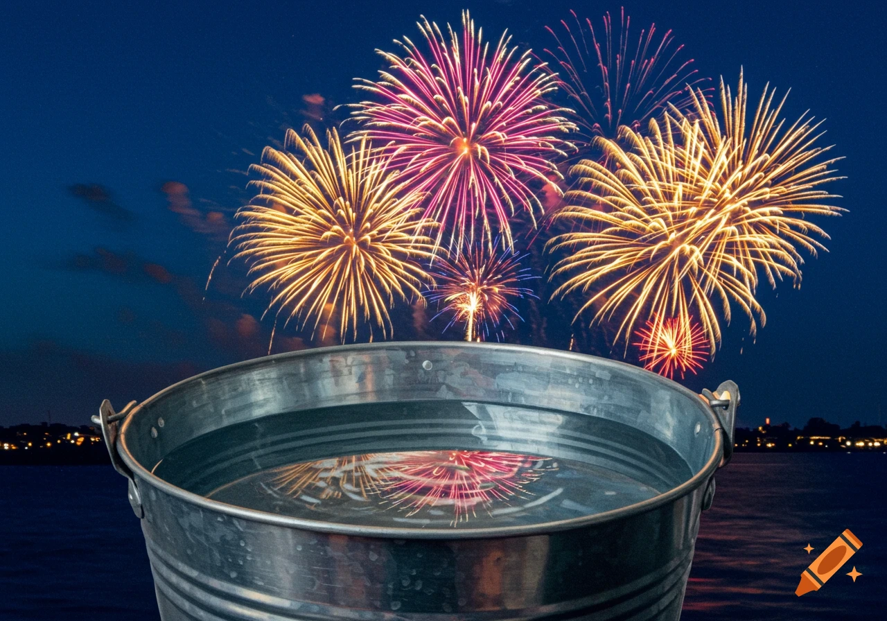 Photorealistic fireworks explode over a lake at night, with their ...