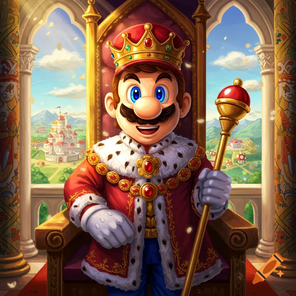 Mario, dressed as a king in a red and gold robe with a crown, sits on a ...