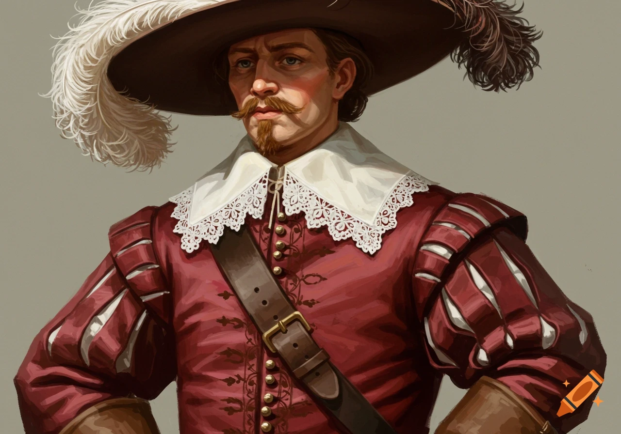 A detailed portrait painting of a 17th-century cavalier soldier wearing ...