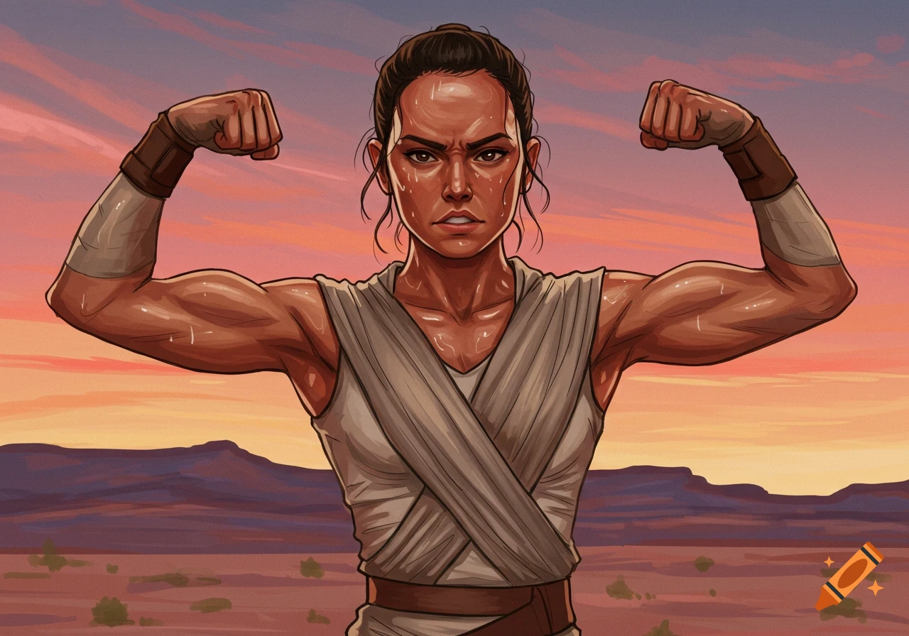 Illustrated portrait of Rey from Star Wars flexing her biceps with a ...