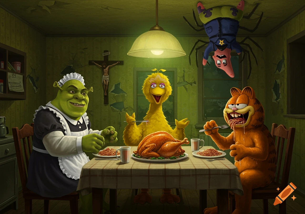 A surreal painting of Shrek in a maid outfit, Big Bird, and Garfield at ...