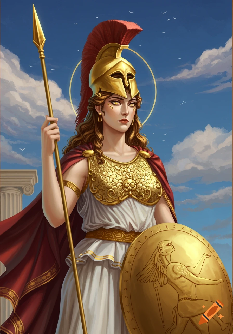 Athena, the Greek goddess of wisdom and warfare, stands with a golden ...