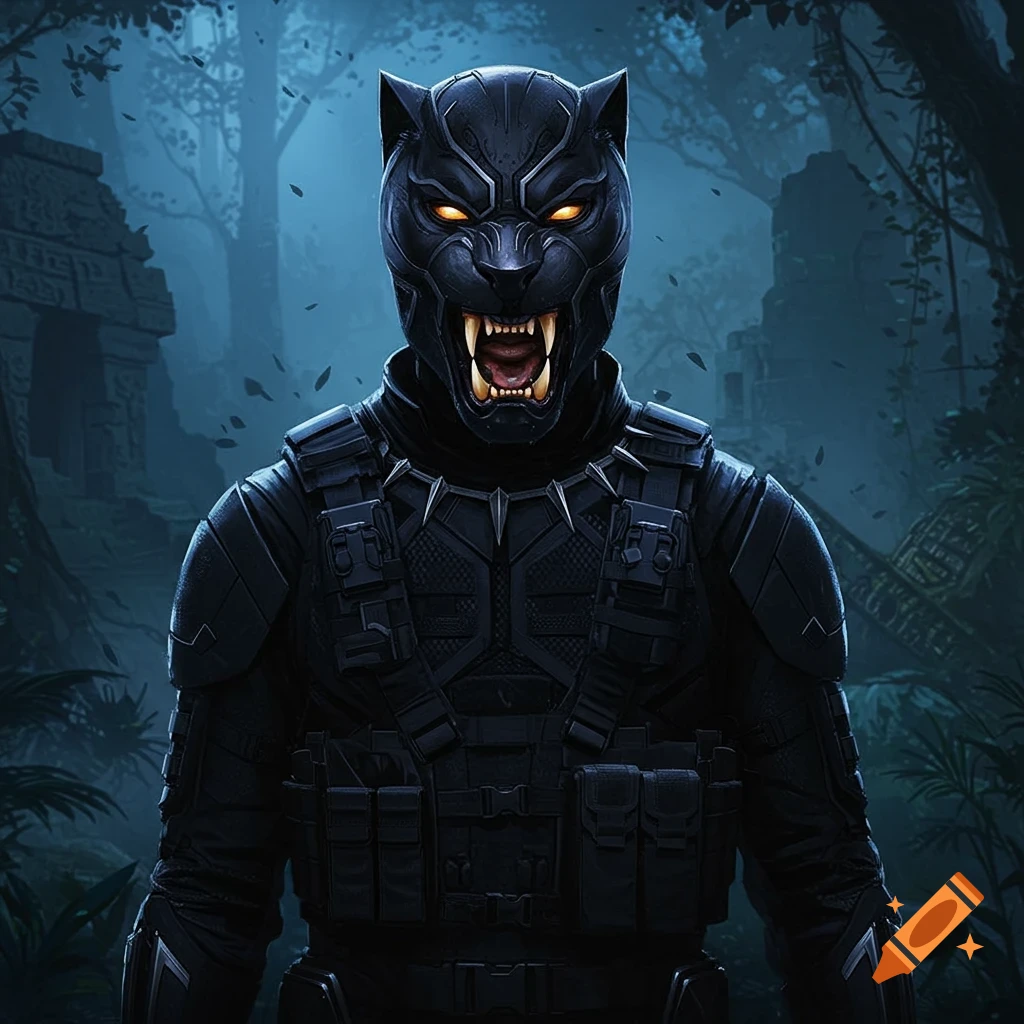 A dark digital illustration of Black Panther standing in a jungle with ...