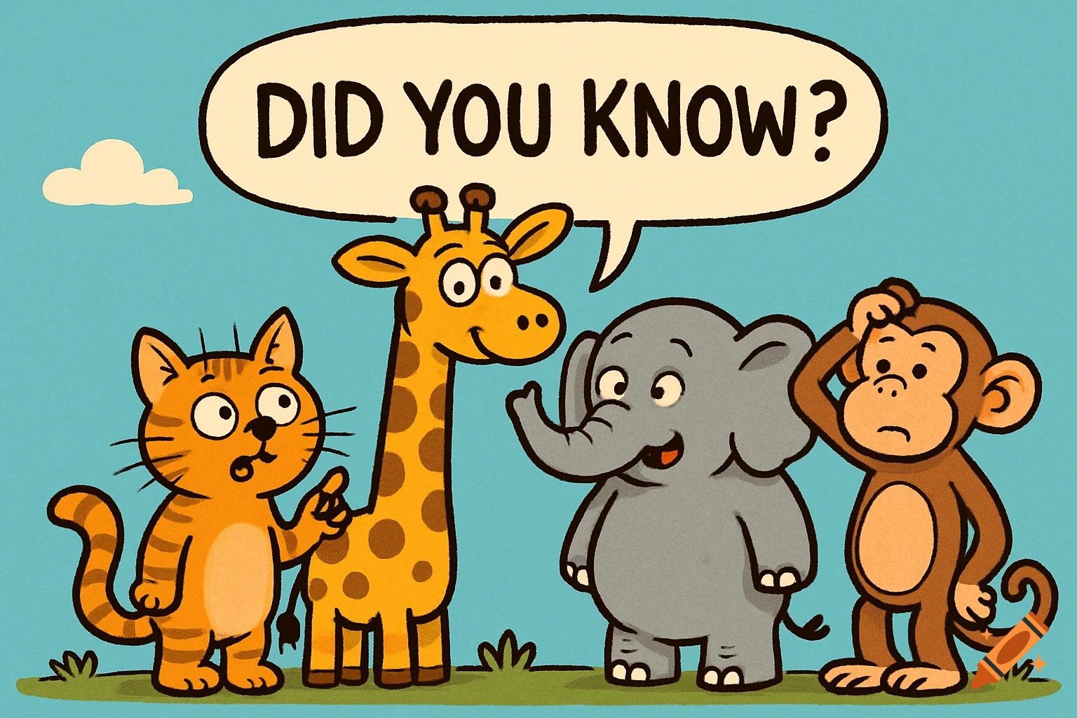 Cartoon animals including a cat, giraffe, elephant, and monkey, with a ...