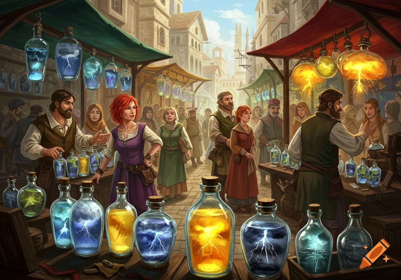 A vibrant fantasy market scene with merchants selling bottled weather ...