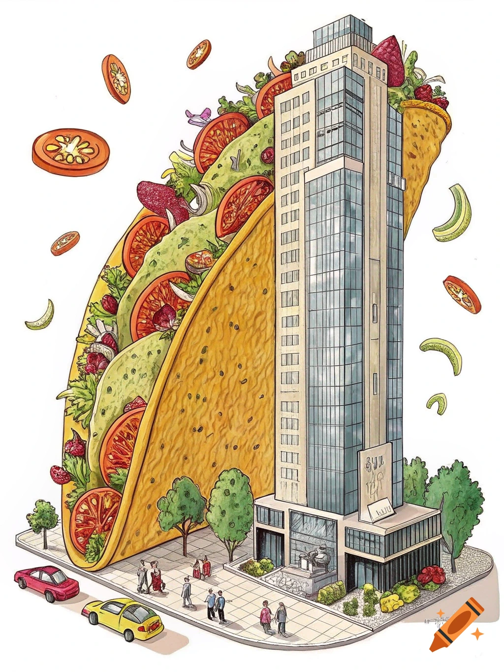 A detailed illustration of a skyscraper shaped like a giant taco ...