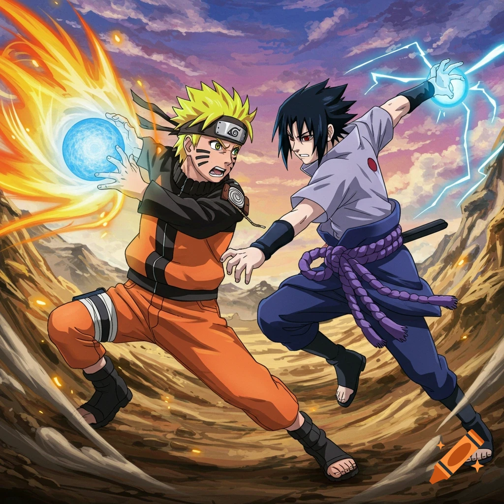 Anime illustration of Naruto and Sasuke fighting in a rocky landscape ...