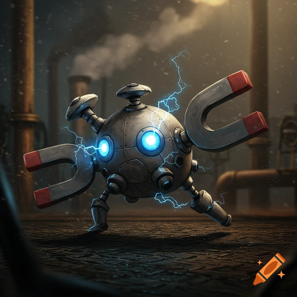 A metallic, spherical robot resembling Magnemite with two large ...