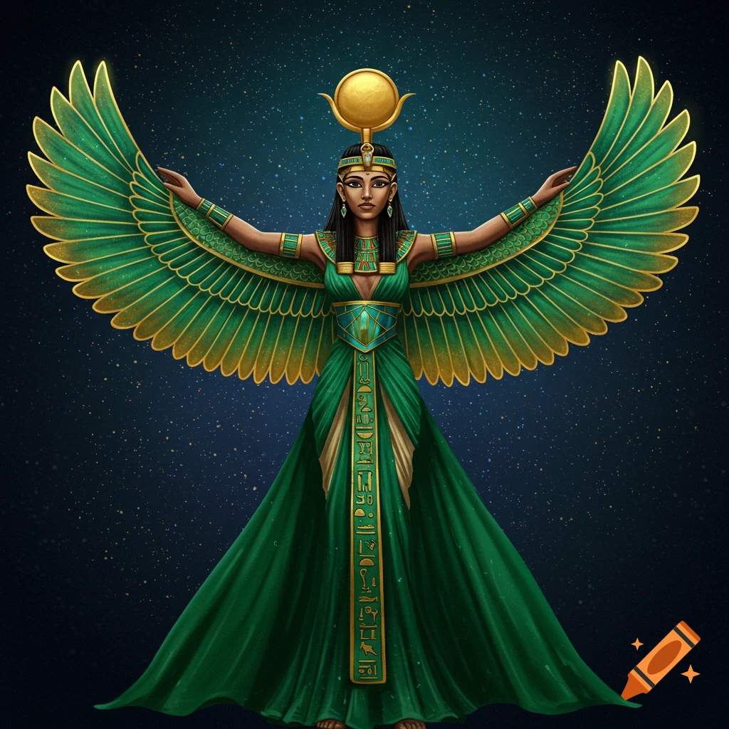 An Egyptian goddess with green and gold wings, wearing an emerald green and gold dress, stands ...