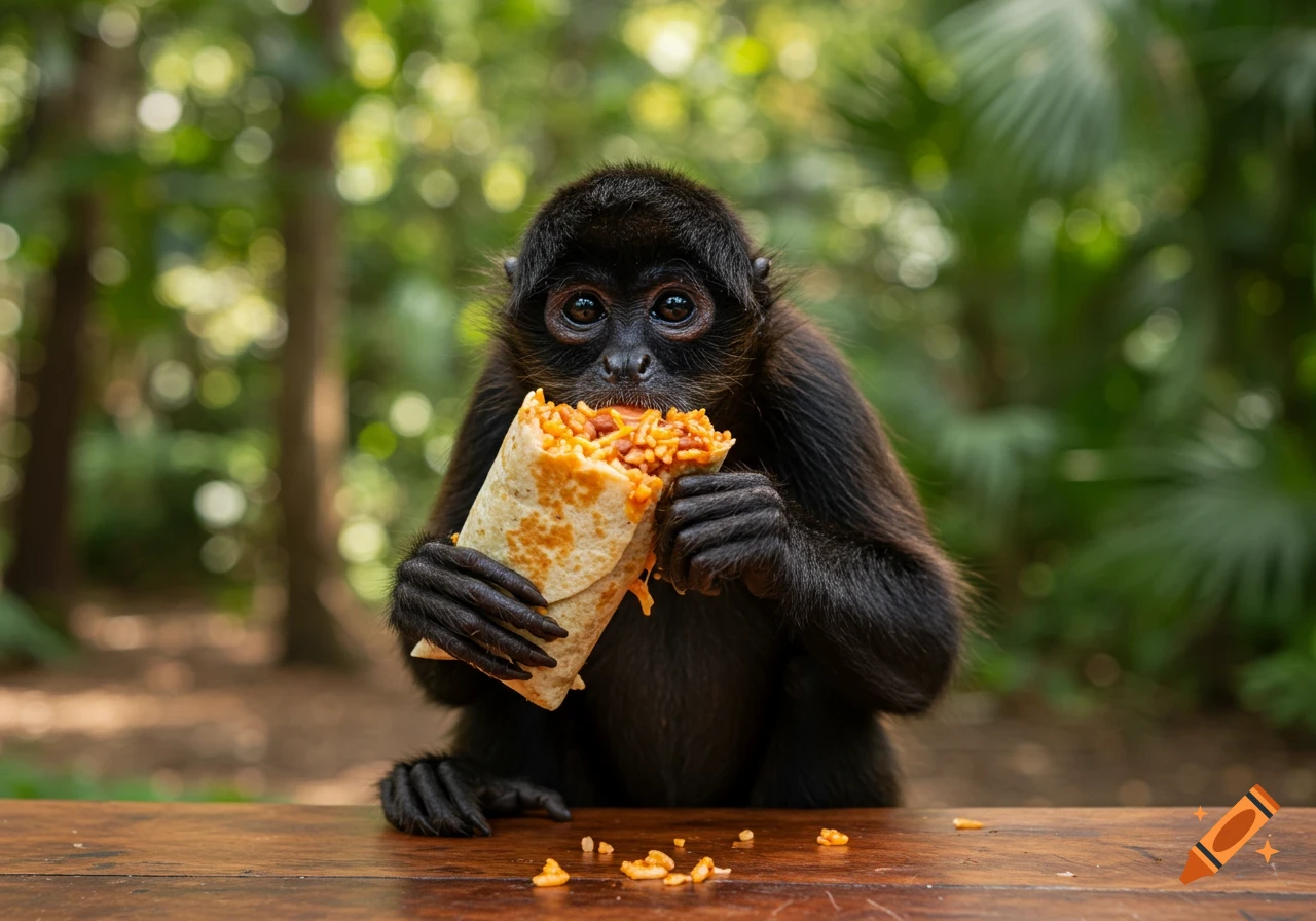 A black monkey intently eating a large burrito at a wooden table in a ...