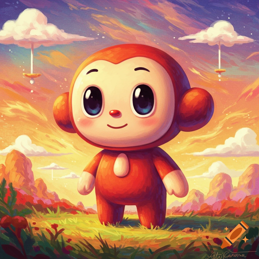 A cute orange monkey-like creature with big eyes stands in a colorful ...