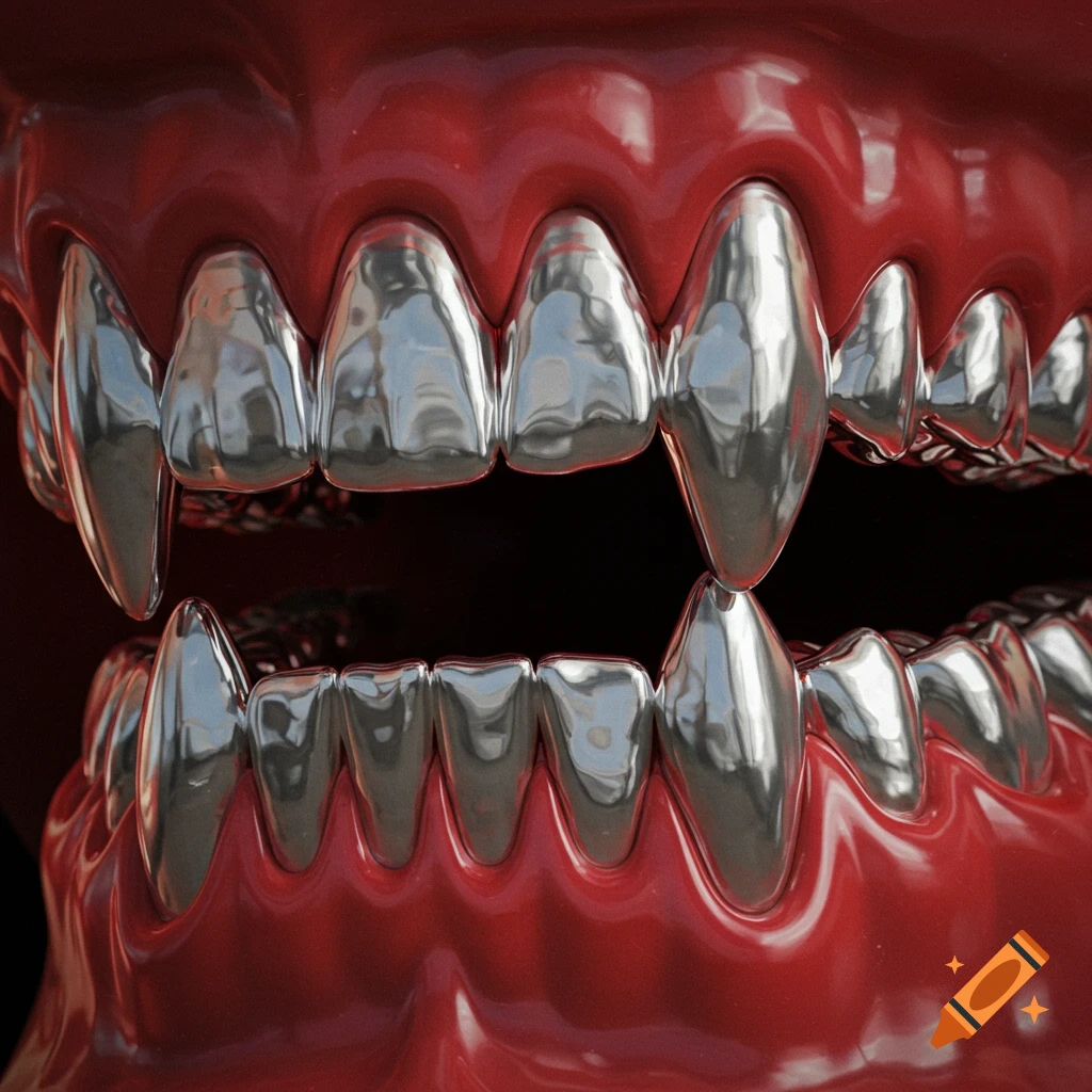 Close-up of highly reflective chrome vampire fangs and teeth set in red ...