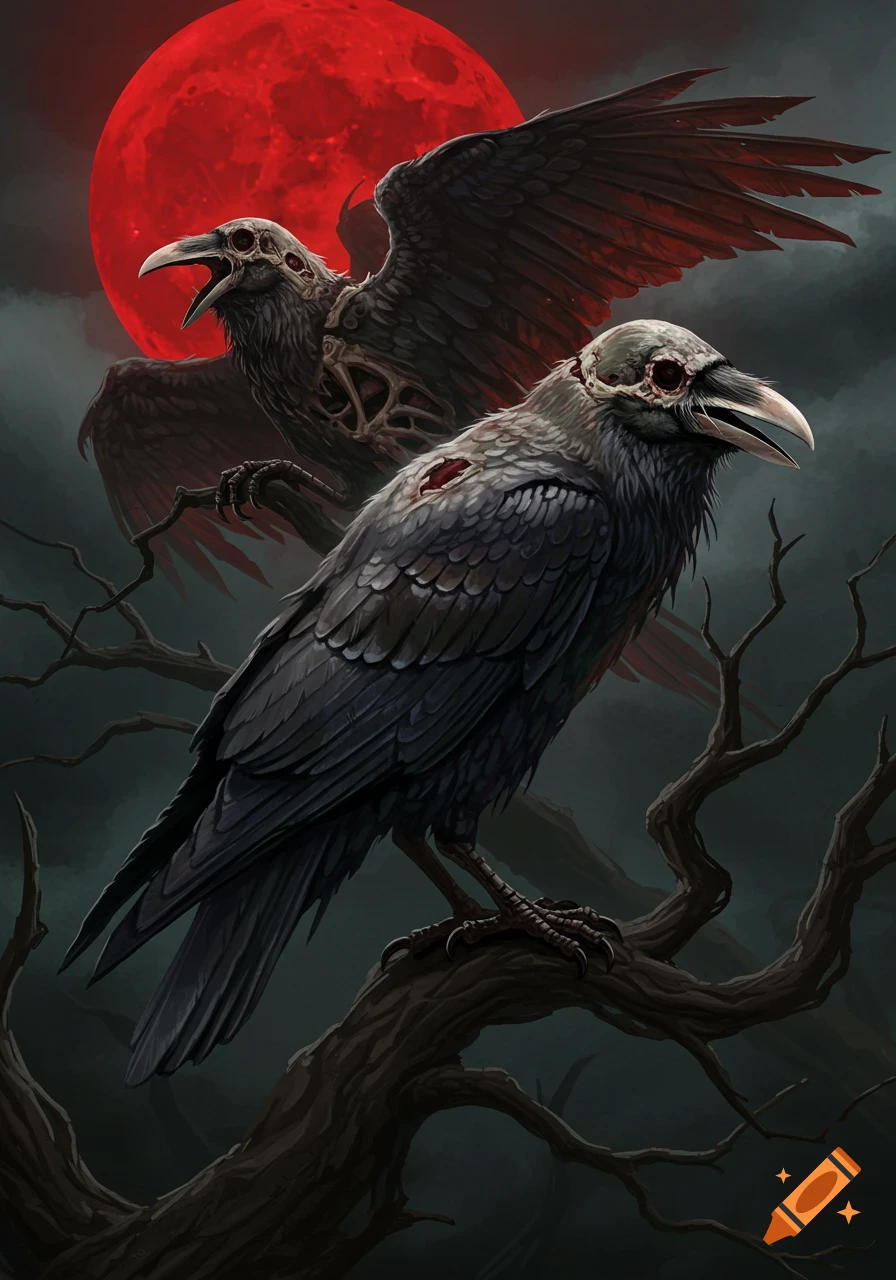 Two skeletal, undead ravens with tattered feathers on a dead tree ...