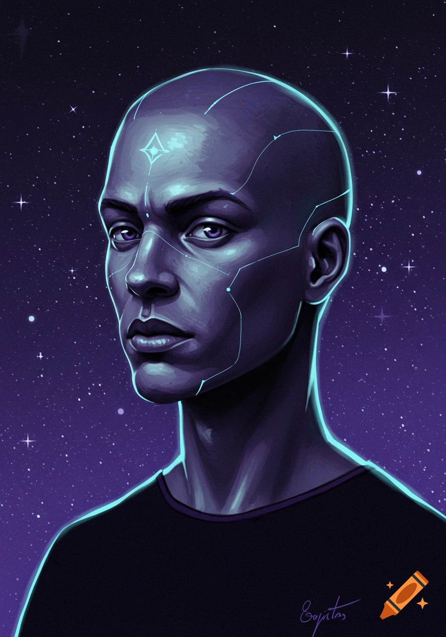 A striking digital portrait of a bald person with glowing blue lines on ...