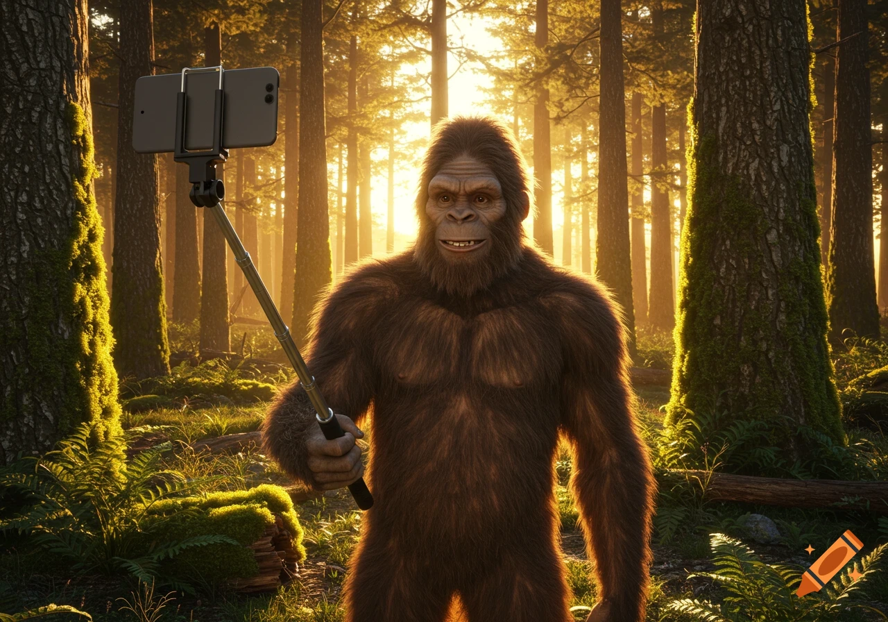 A photorealistic Sasquatch with a friendly grin holds a selfie stick in ...