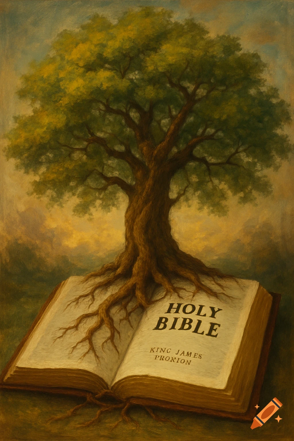 A painting depicting a tree with its roots growing into the pages of an ...