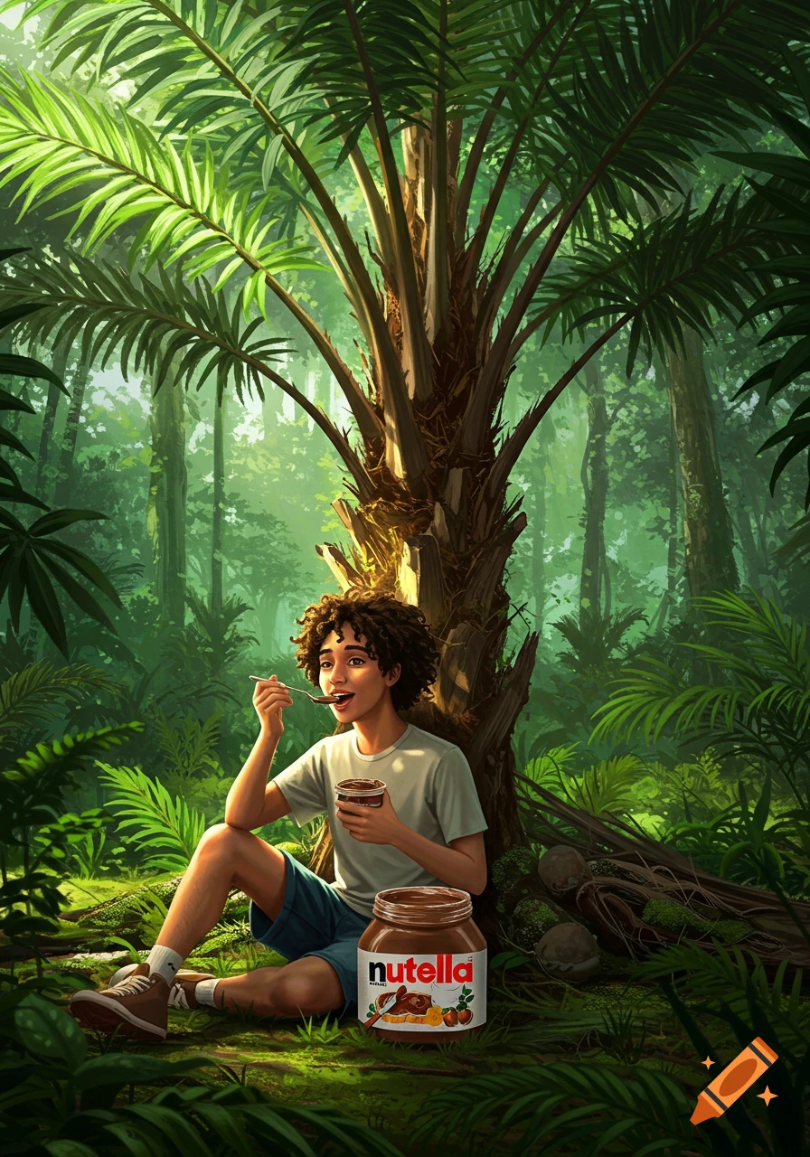 Digital illustration of a person eating Nutella under a palm tree in a ...