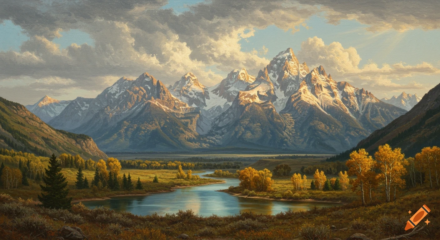 A beautiful landscape painting of snow-capped mountains, a winding ...
