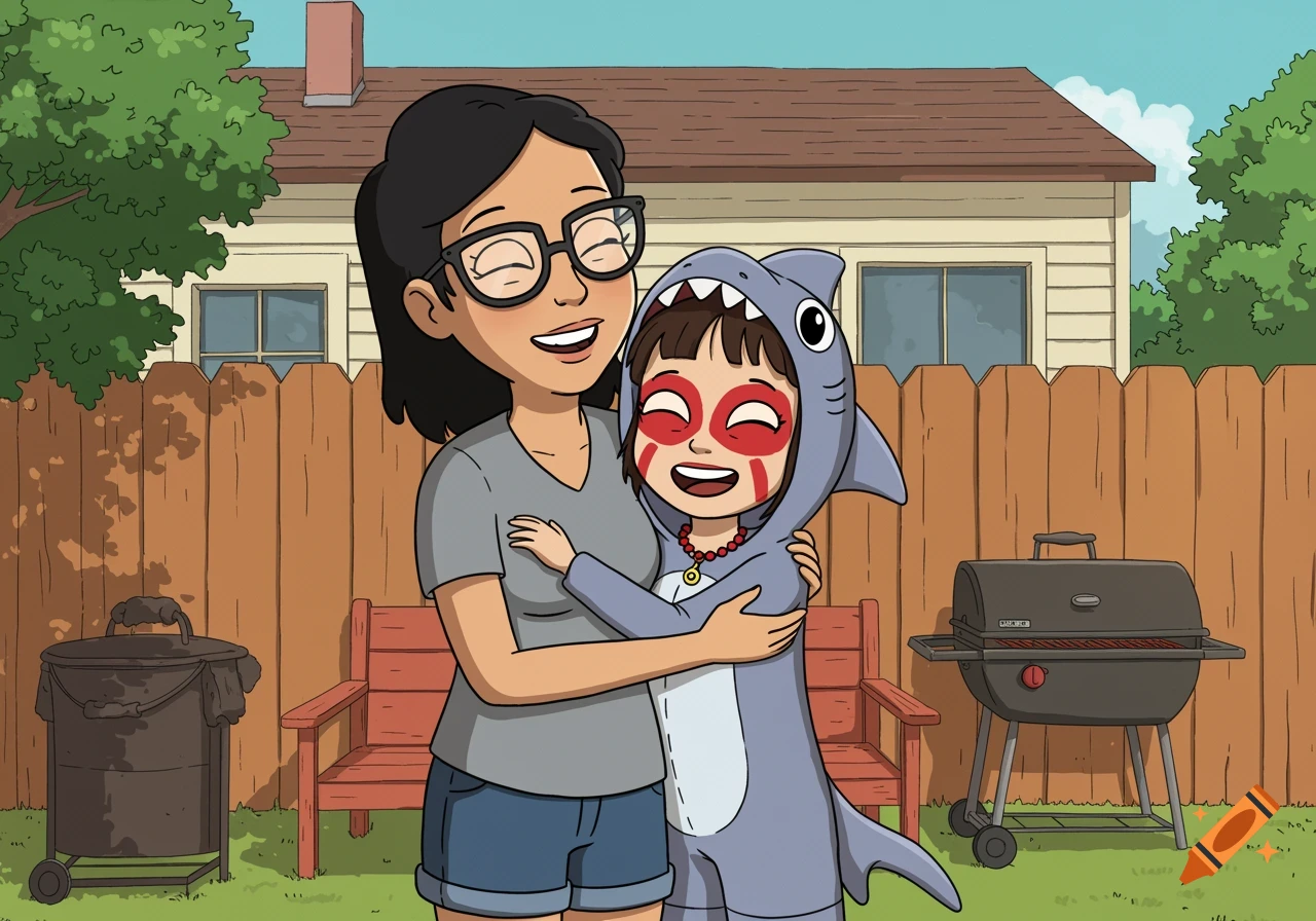 2D cartoon of a smiling woman hugging a young girl in a shark costume ...