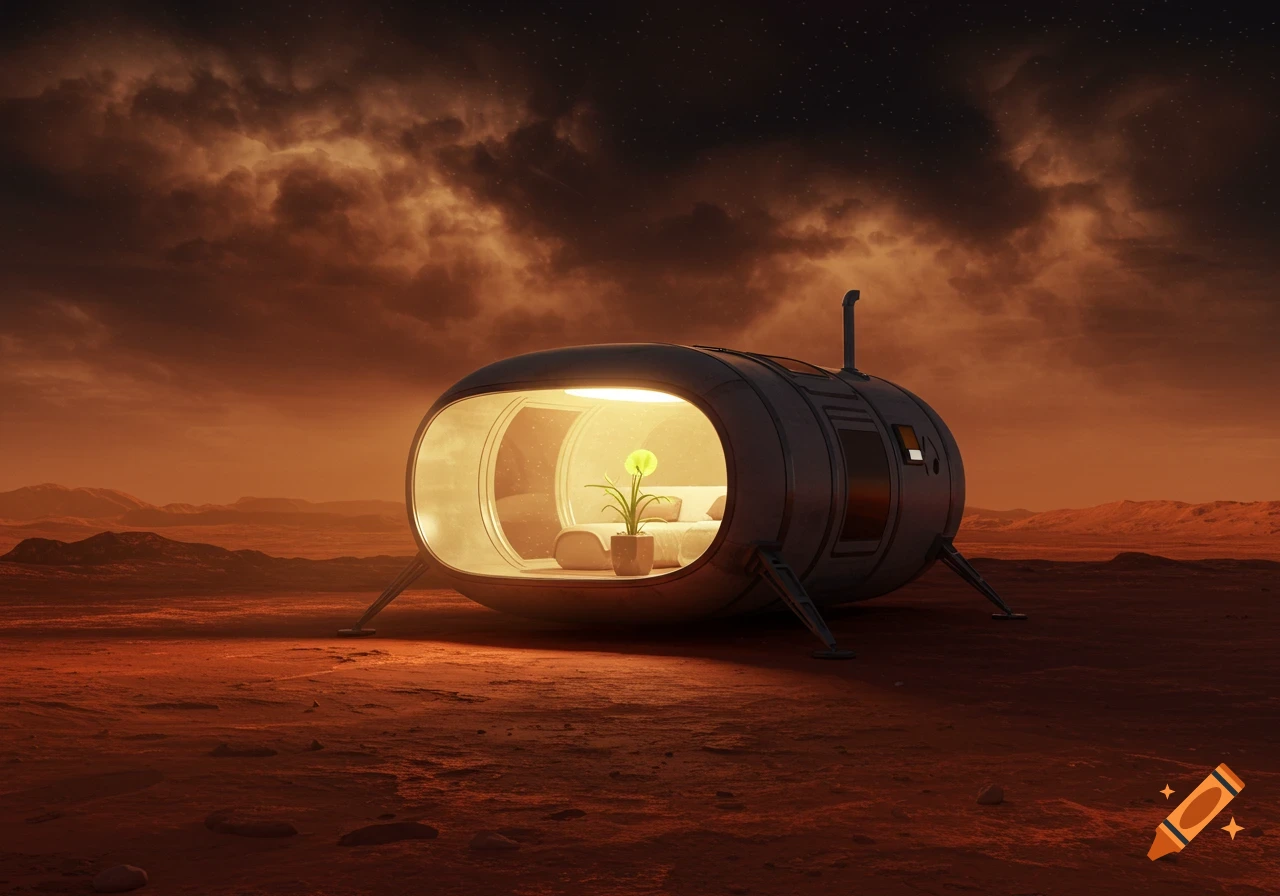 A futuristic illuminated pod home stands on the red, rocky surface of ...