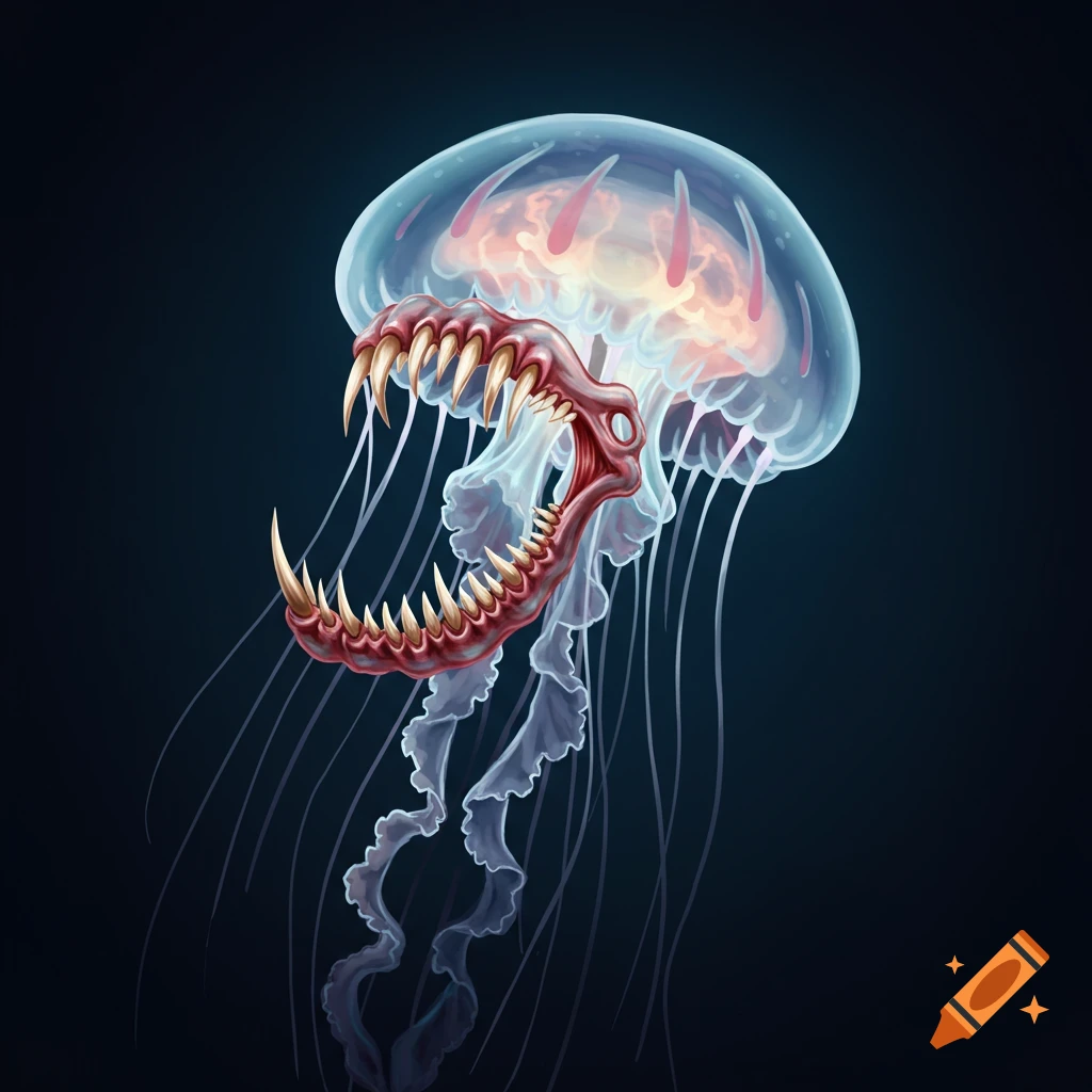 A fantastical jellyfish with a large, skeletal mouth full of sharp ...