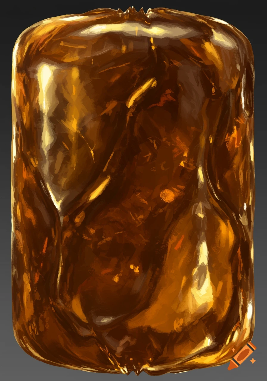 A close-up of a dark amber glass-like material with wavy textures and ...