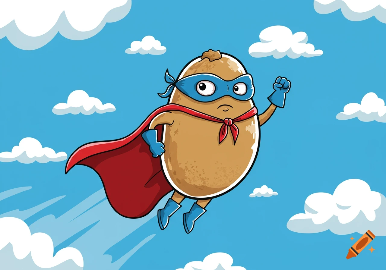 A cartoon superhero potato with a red cape and blue mask flies through a bright blue sky with ...