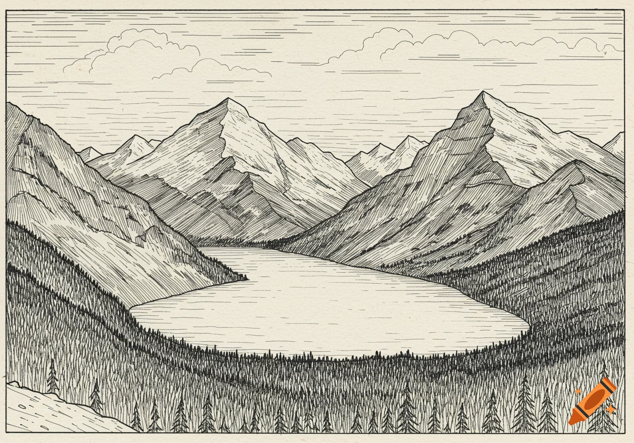 A detailed line drawing illustrating mountains surrounding a calm lake ...
