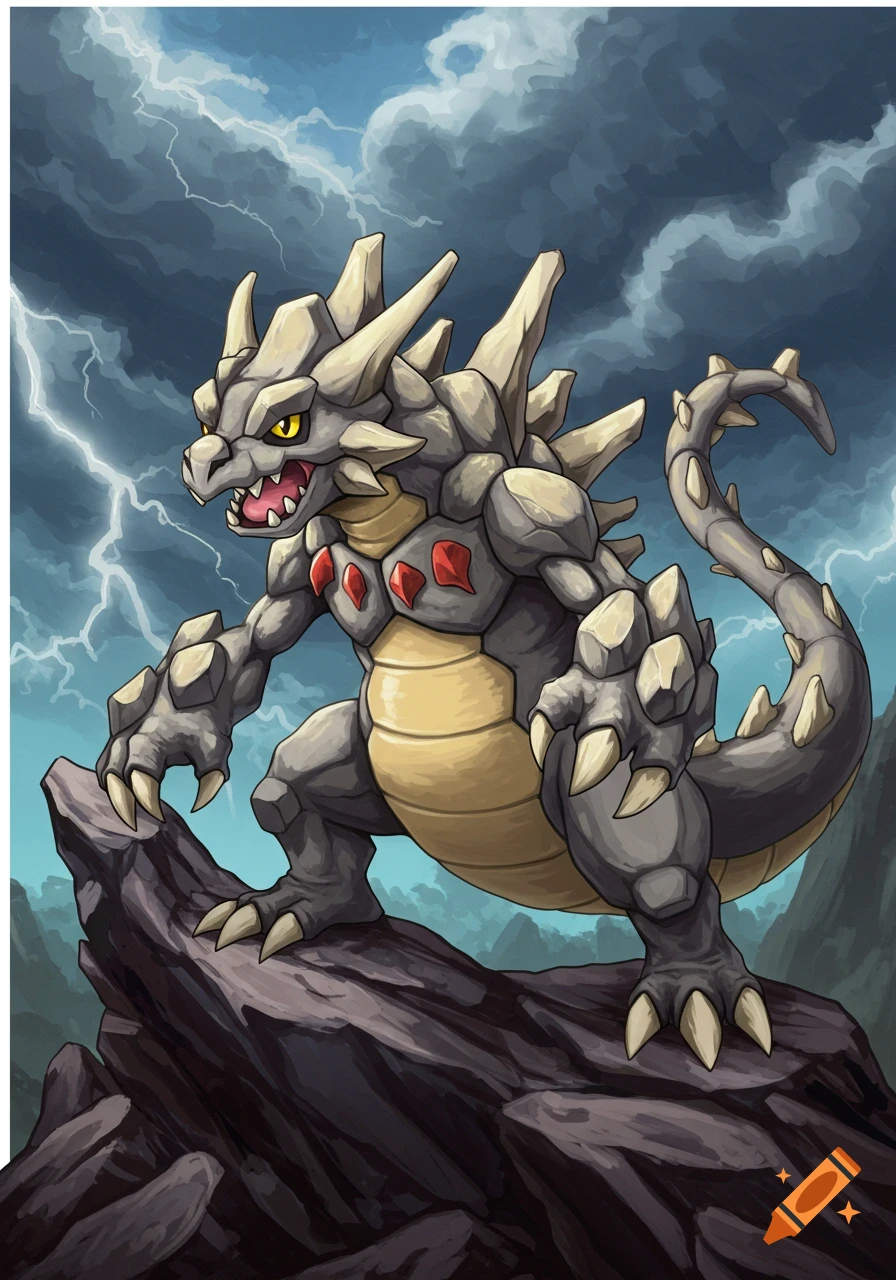 An illustrated rock dragon creature stands on a rocky cliff against a ...