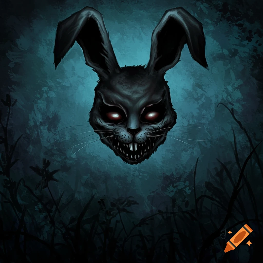 A dark, eerie illustration of a monstrous black rabbit head with ...