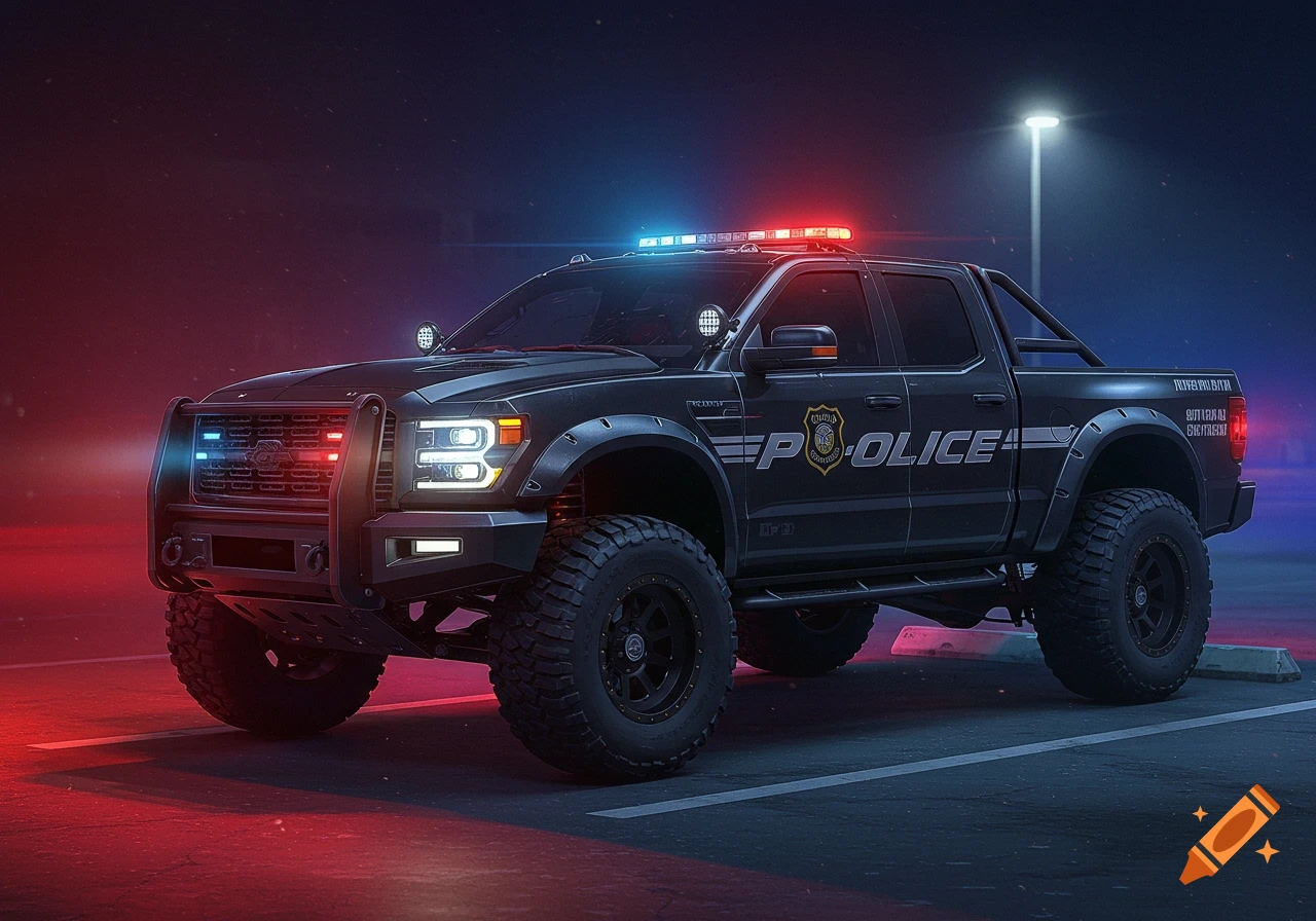 A photorealistic black police pickup truck with red and blue lights ...
