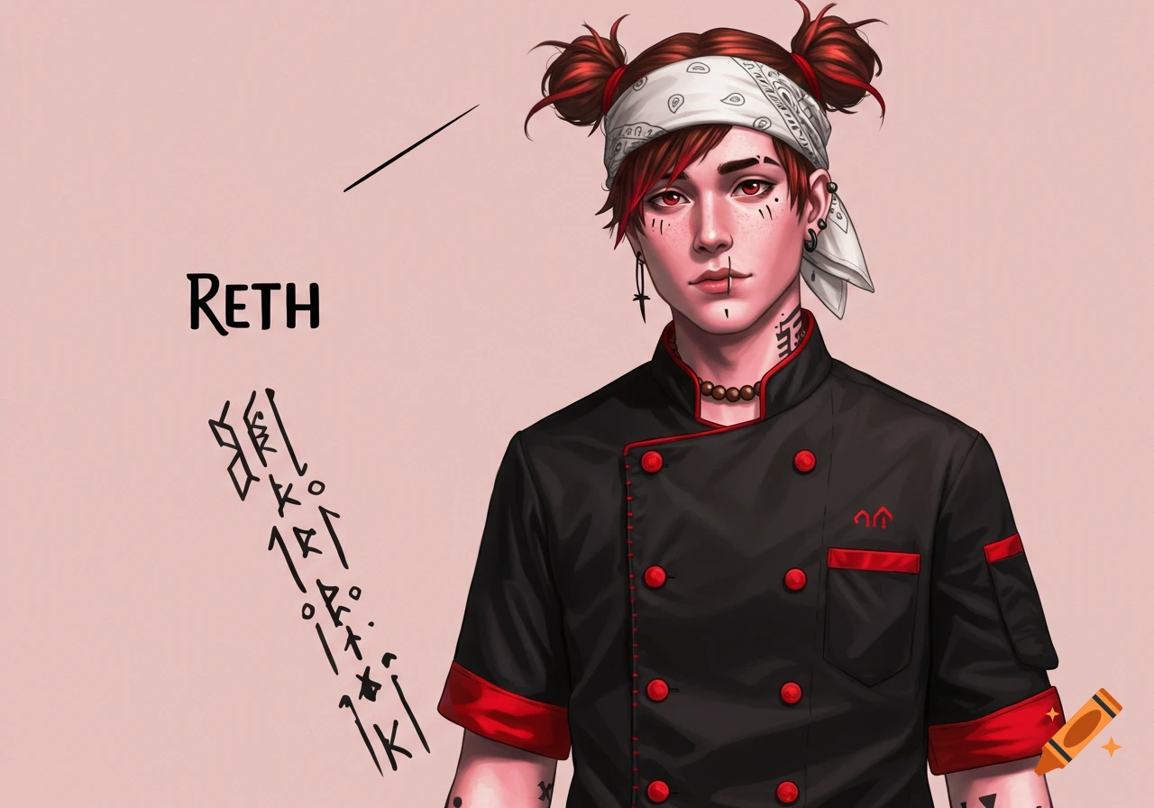 A stylized portrait of a young person with red hair in buns, wearing a ...