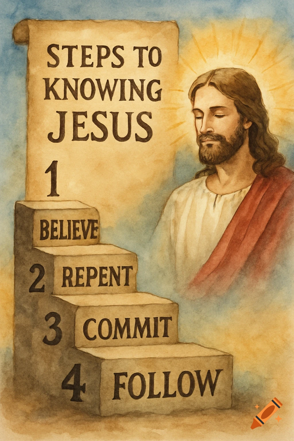 Watercolor illustration of Jesus next to a scroll and steps with text ...