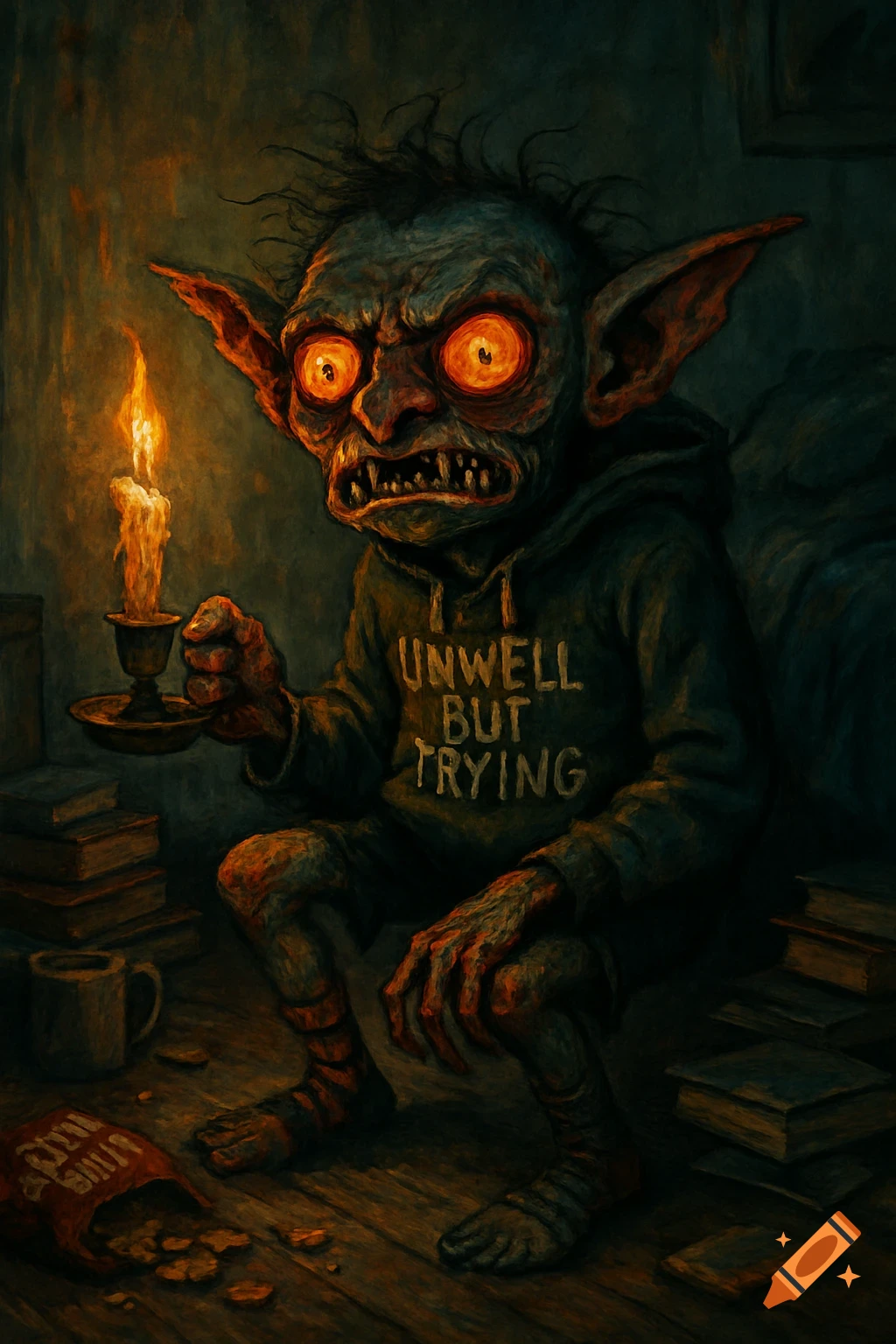 A painterly, surreal image of a hunched, gremlin-like creature with ...