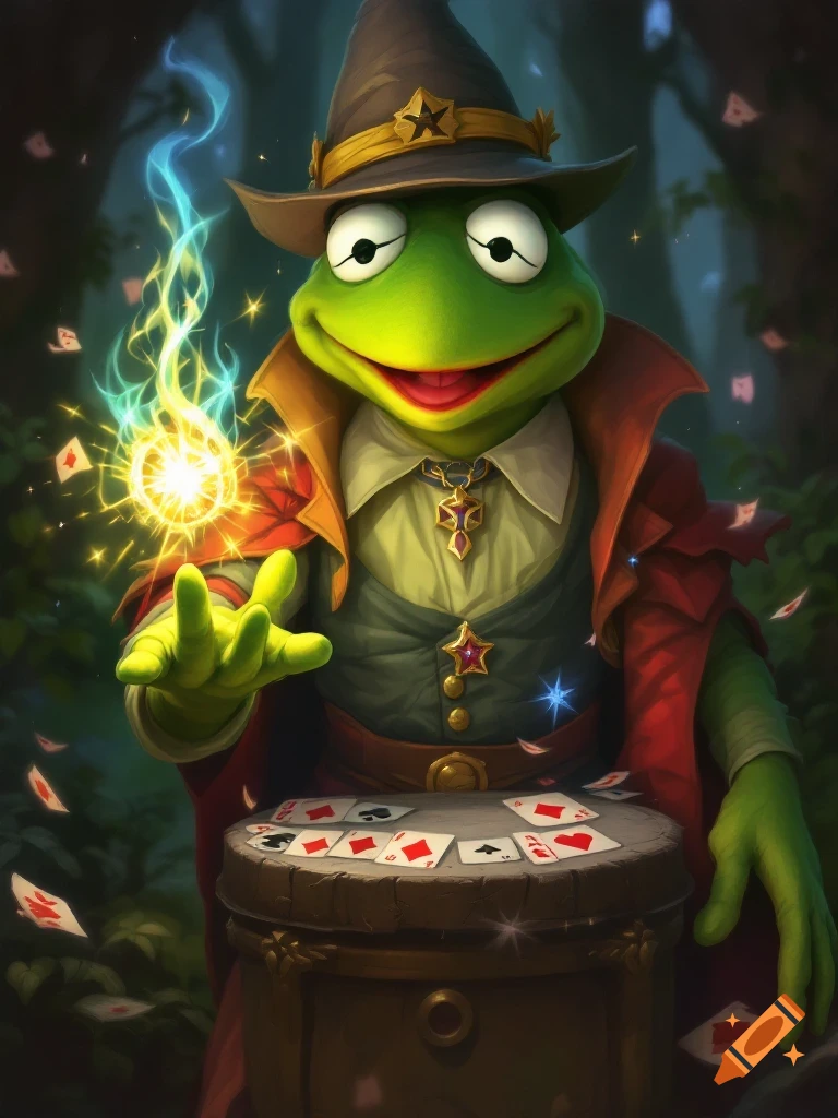 Kermit the Frog as a wizard in a forest, casting a glowing magic spell ...