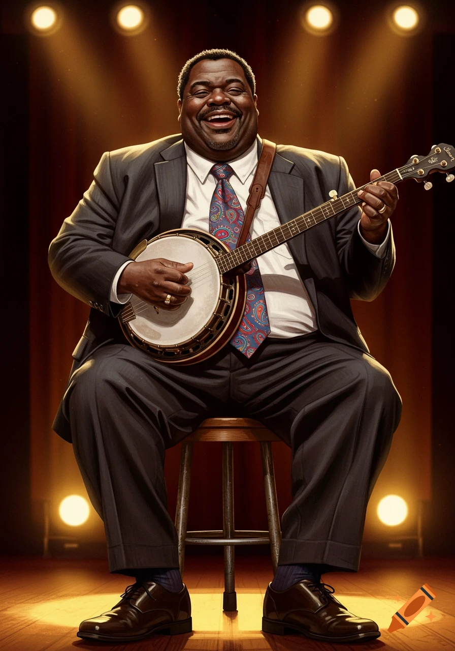 A smiling man sits on a stool, playing a banjo on a stage lit by ...