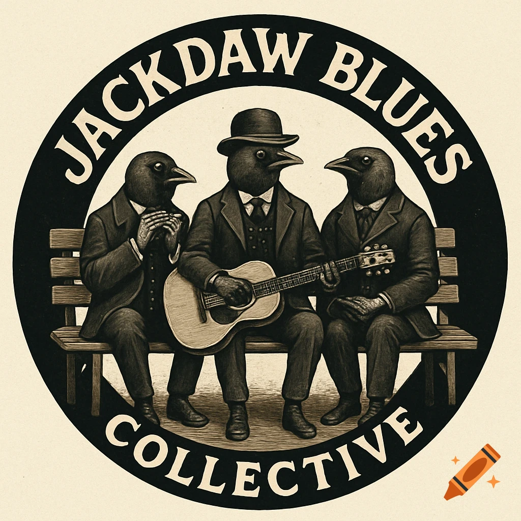 A black and white circular logo featuring three anthropomorphic jackdaw ...