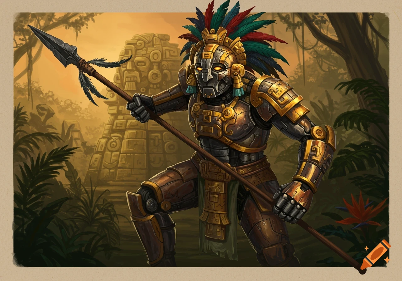 A Mayan-style robot warrior, or warforged, with golden armor and a ...