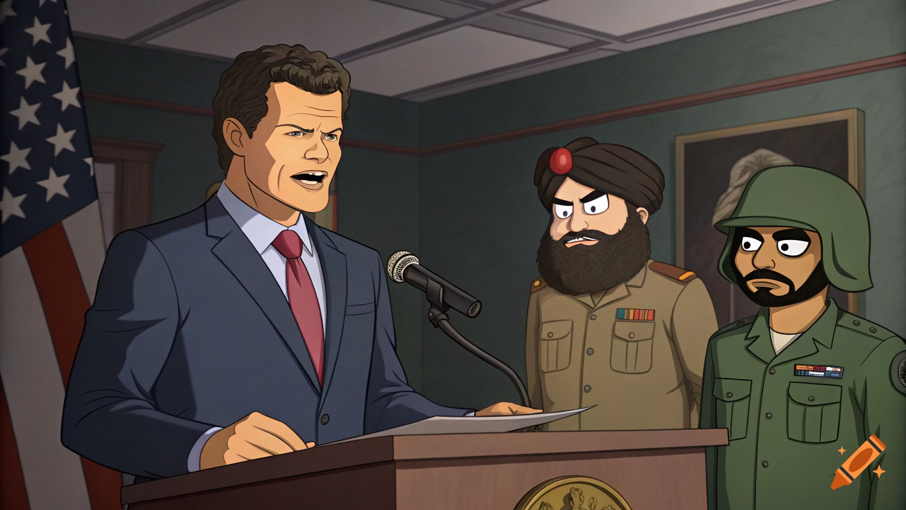 A cartoon man resembling Pete Hegseth speaks at a podium with an ...