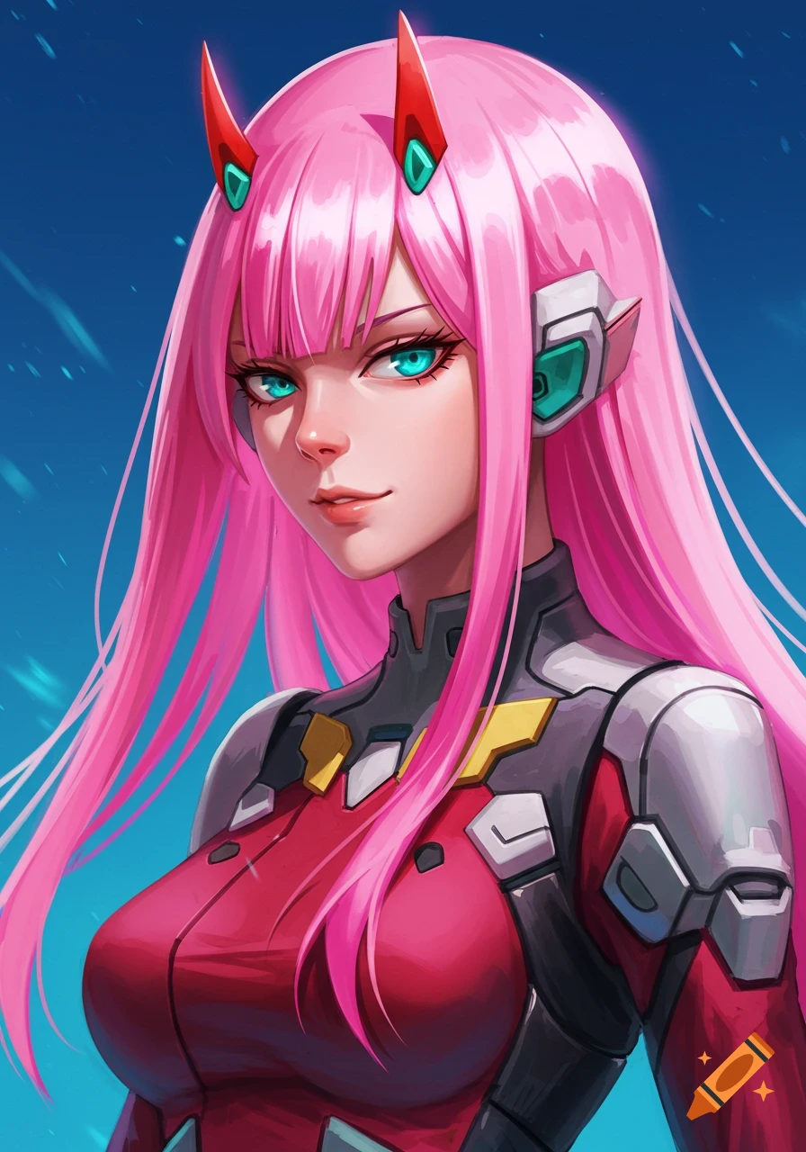 Close-up of anime character Zero Two with long pink hair, blue eyes ...