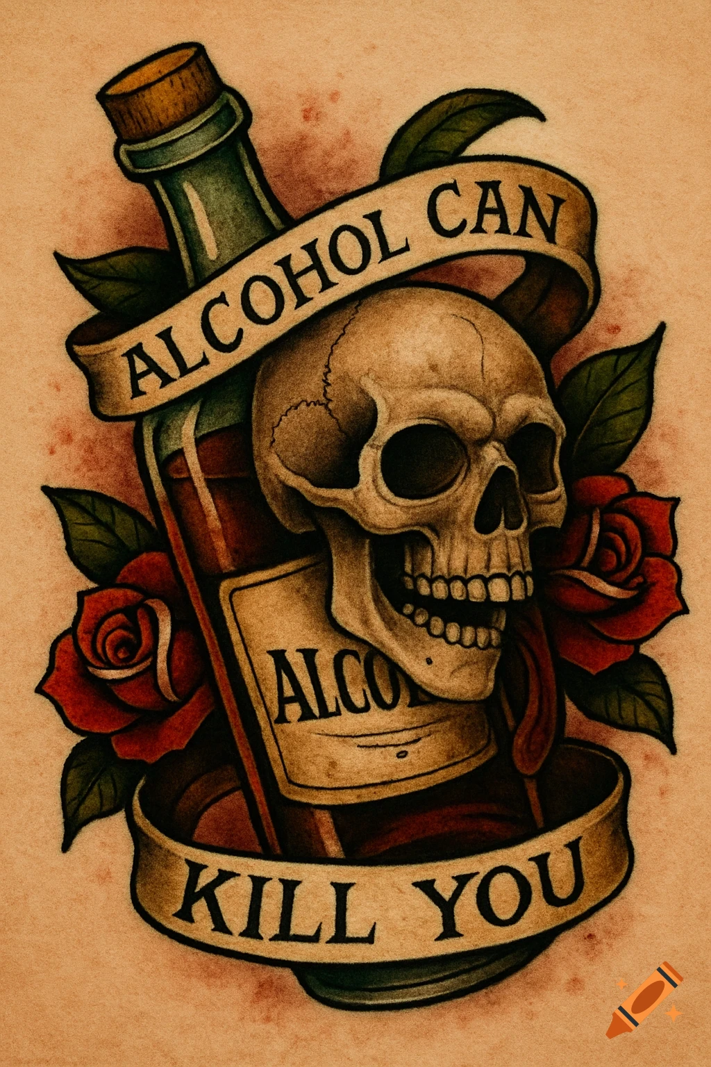 A tattoo-style illustration featuring a skull, an alcohol bottle, and ...
