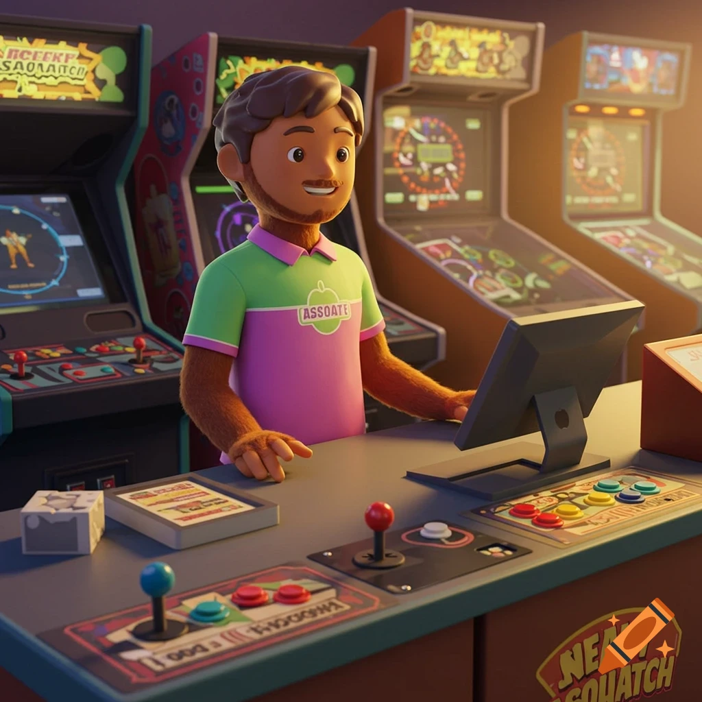 A stylized arcade associate with furry arms stands at a counter with ...
