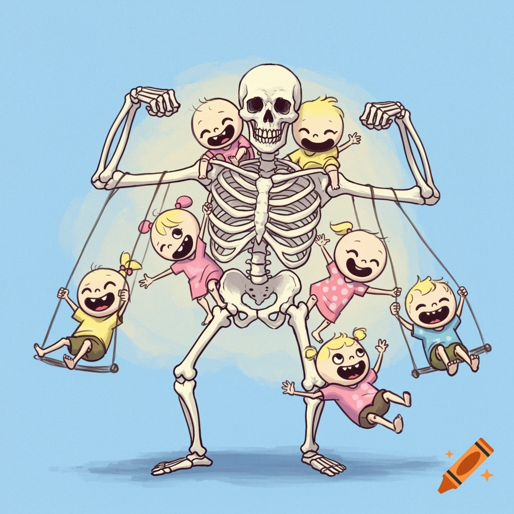 A stylized cartoon skeleton flexes its arms while six happy children ...