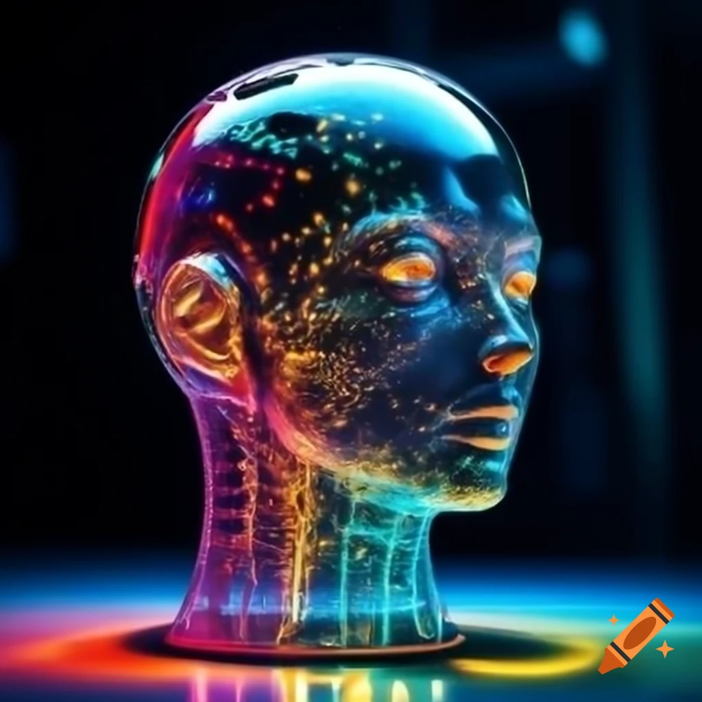 Hyper realistic human android head made of transparent ceramic glass ...