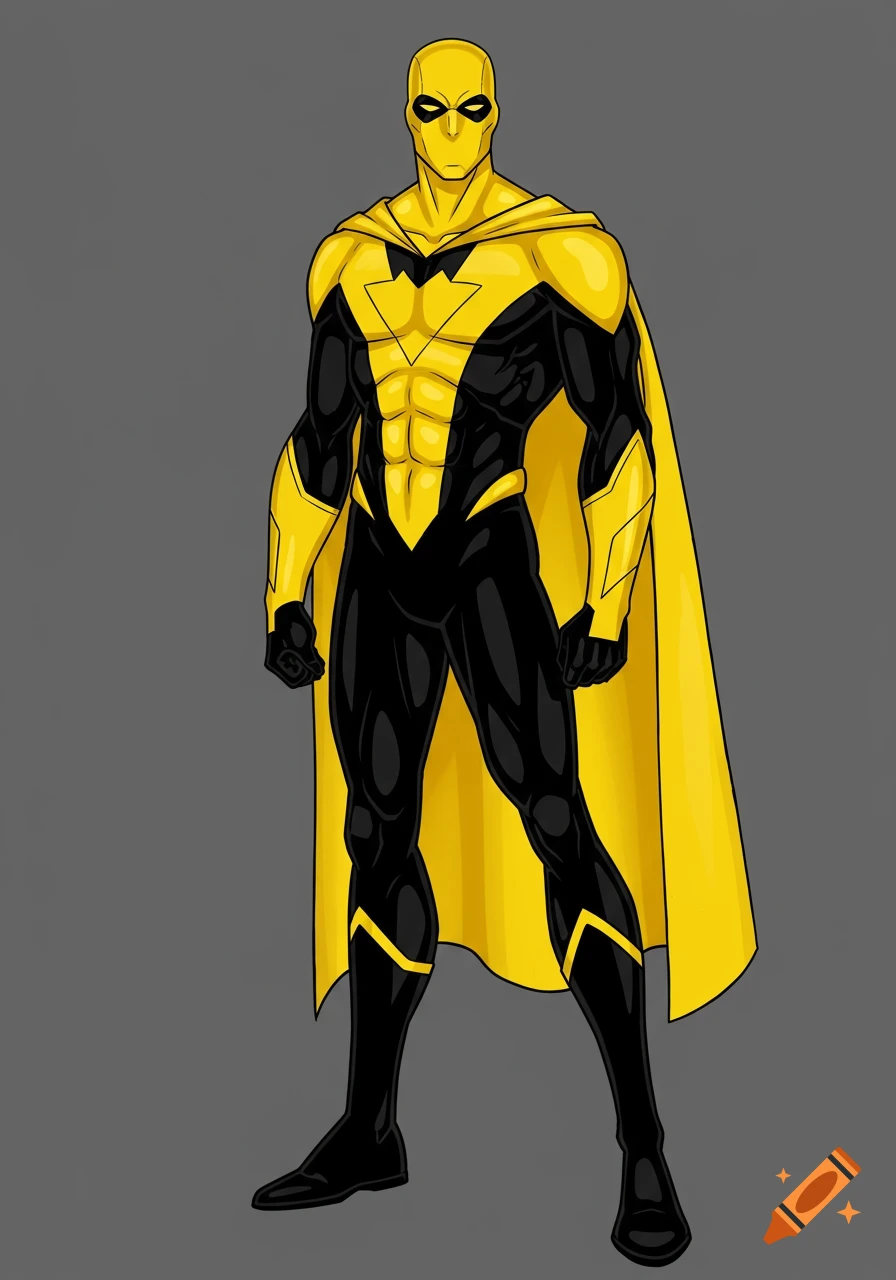 A male superhero character in a black and yellow suit with a yellow ...