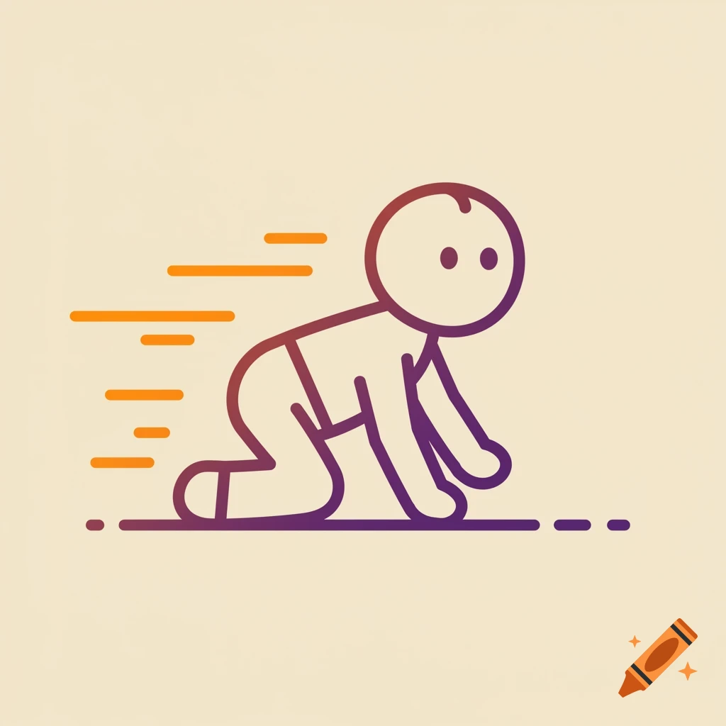 A purple and orange line art pictogram of a baby crawling quickly ...