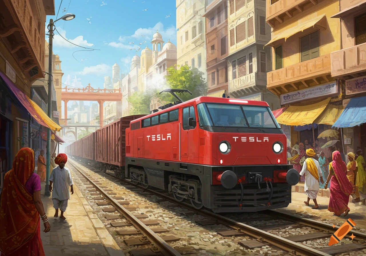 A red Tesla train with freight cars travels on tracks through a ...