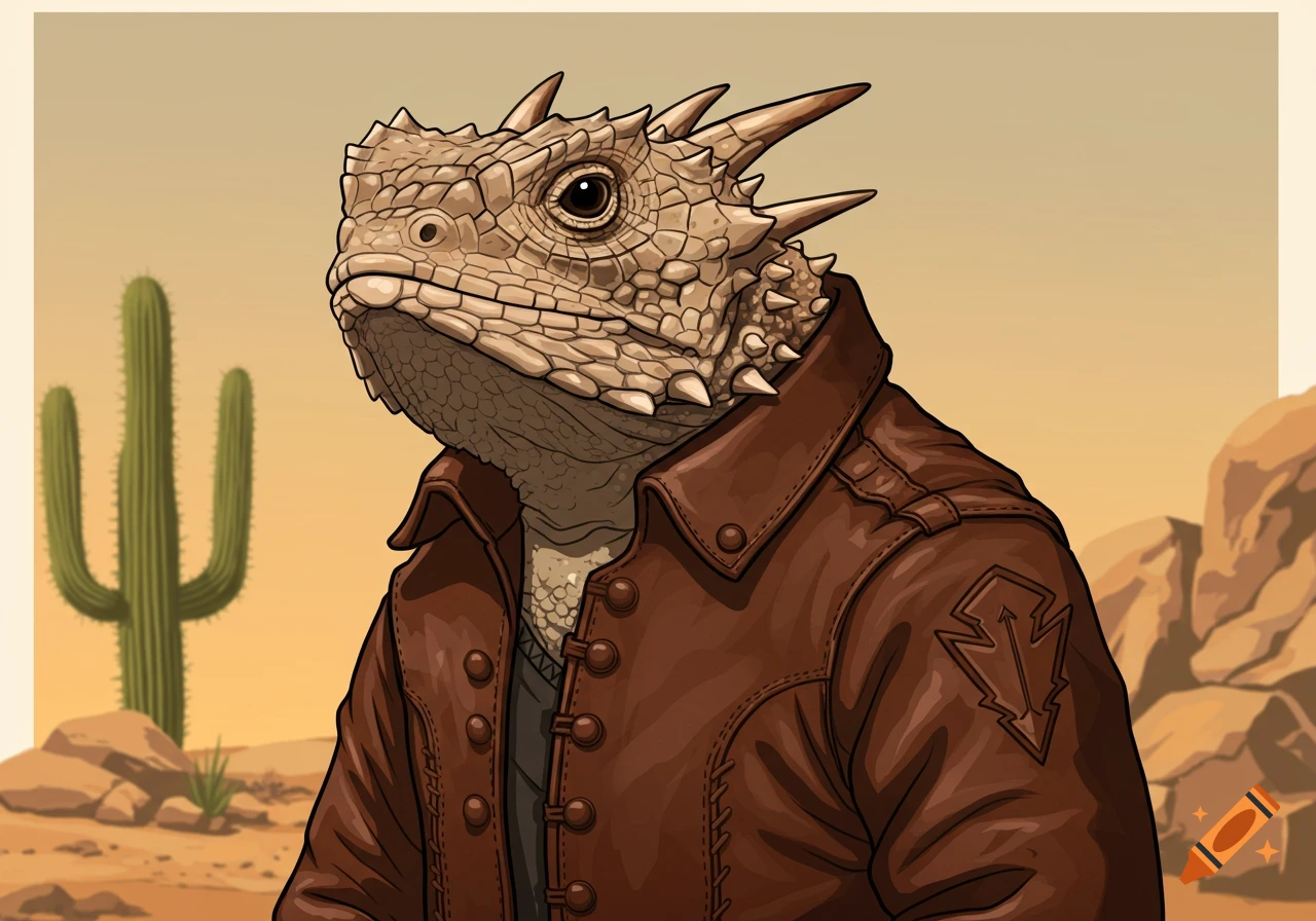 Stylized illustration of a Texas horned lizard wearing a brown leather ...